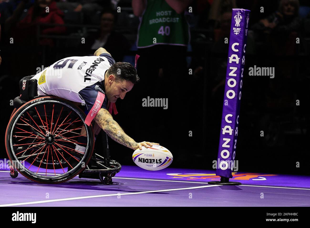 Manchester, UK. 18th Nov, 2022. Lewis King of England goes over for a ...