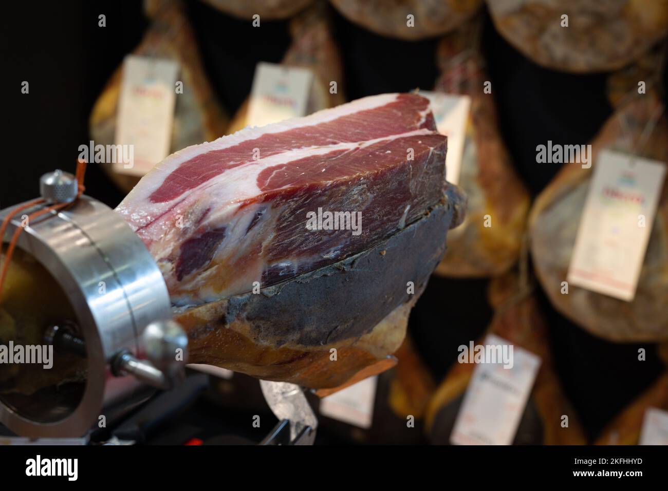 Raw Ham Leg inside Cutting Holder Stock Photo - Alamy