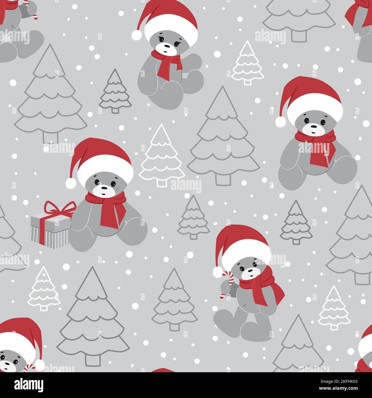 Cute Christmas pattern with teddy bears in Santa hats, Christmas trees ...