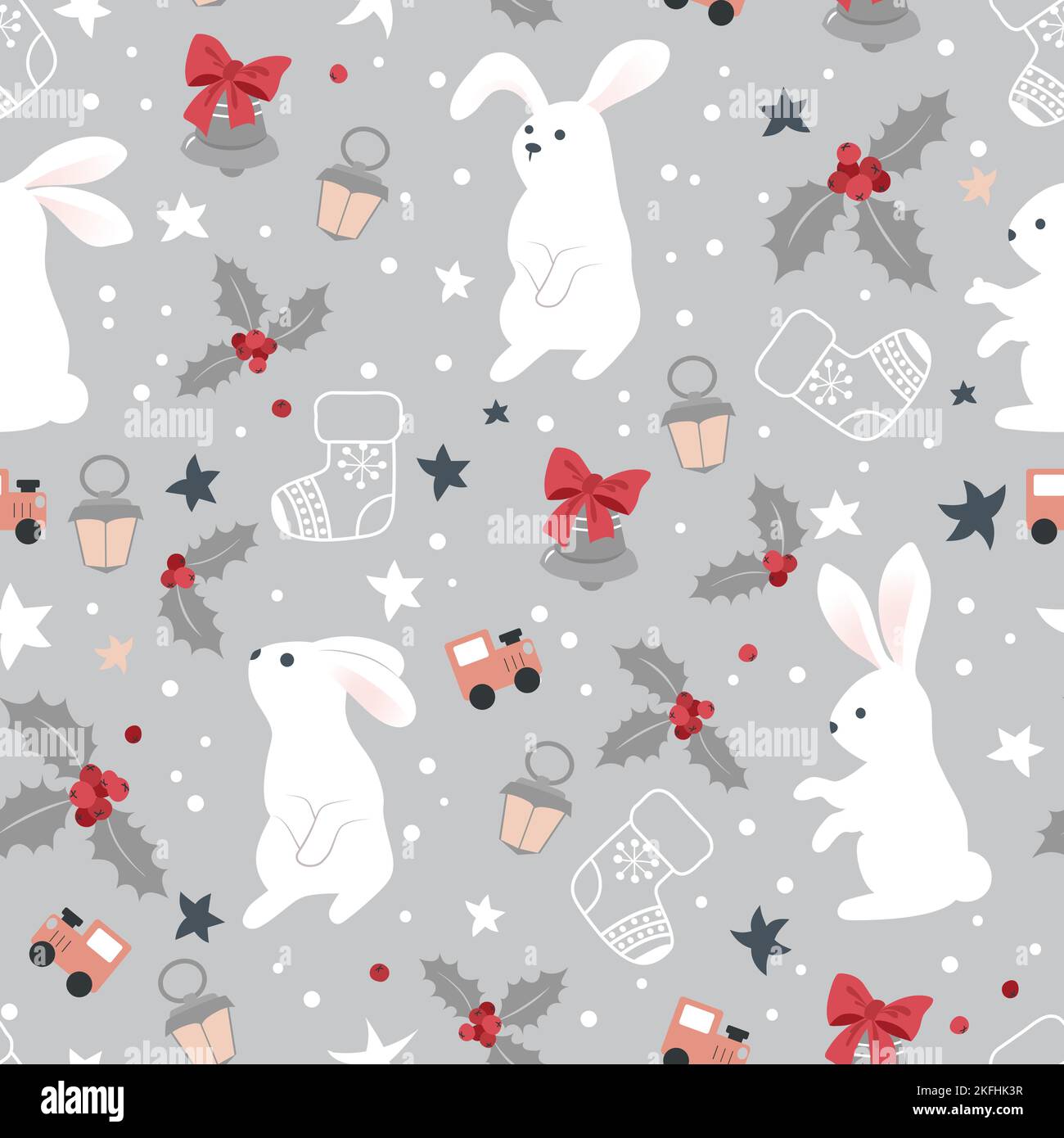 Cute Christmas pattern with white rabbits, Christmas bells and toys ...