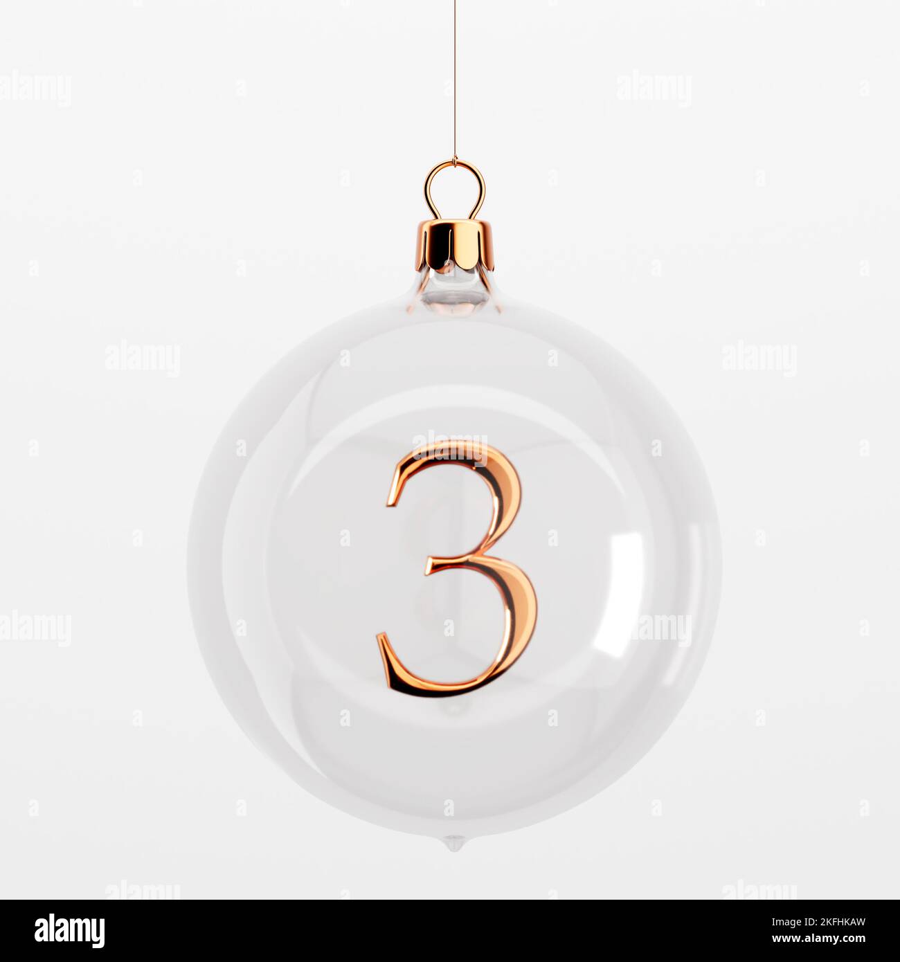 Glass festive christmas hanging baubles. With gold number 3. 3D ...