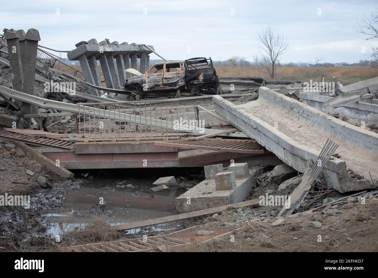 A bridge near Kherson blown up by Russian troops during the retreat ...