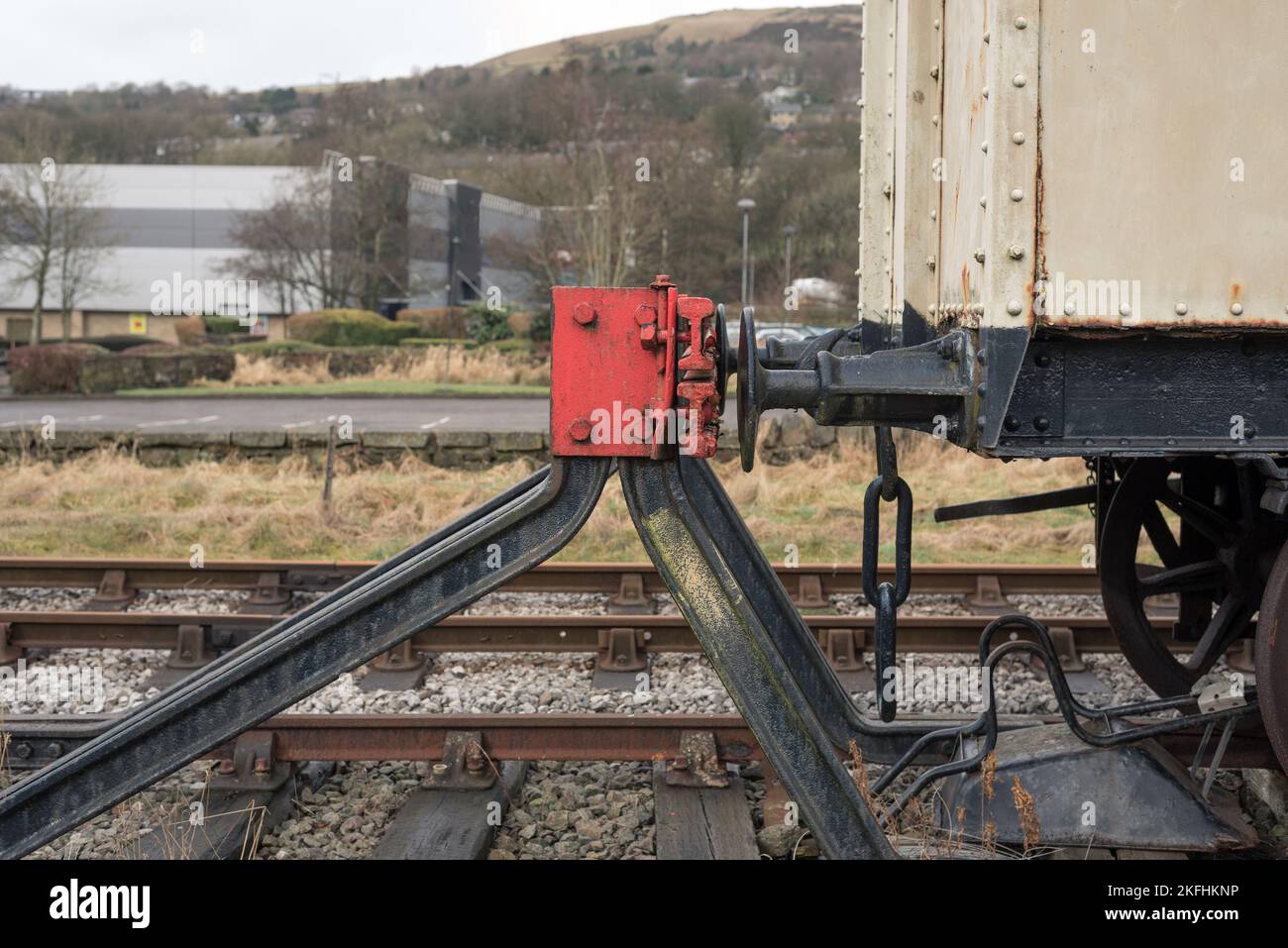 Train buffers on an old railway carriage on the train track at East ...