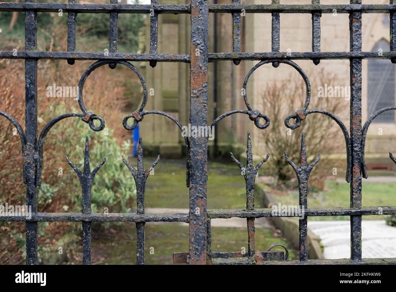 Wrought iron metal railing with fancy pattern Stock Photo - Alamy