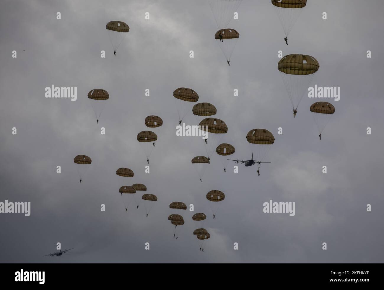 A group of U.S. Army and European Paratroopers descends onto the Drop ...
