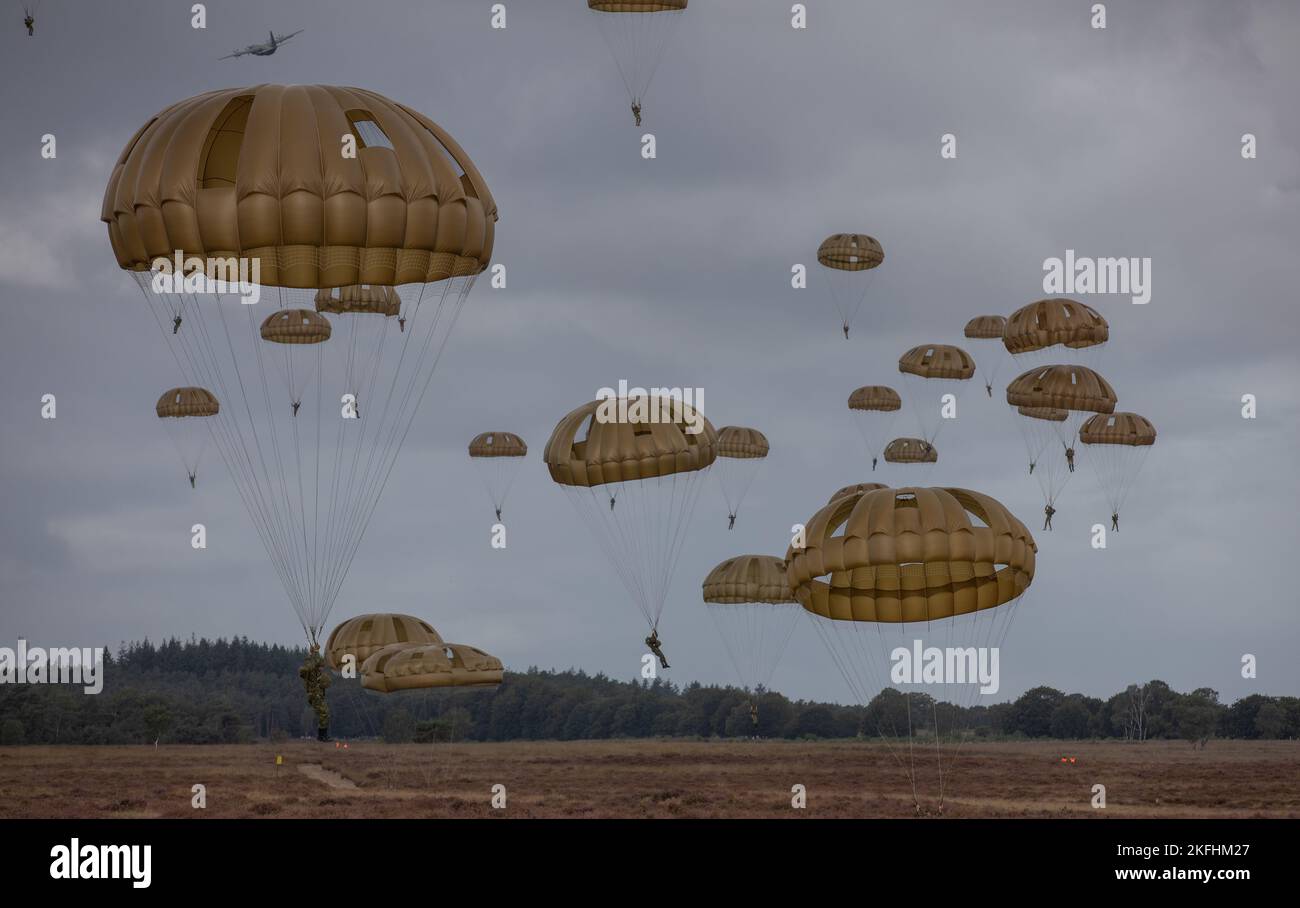 A group of U.S. Army and European Paratroopers descends onto the Drop ...
