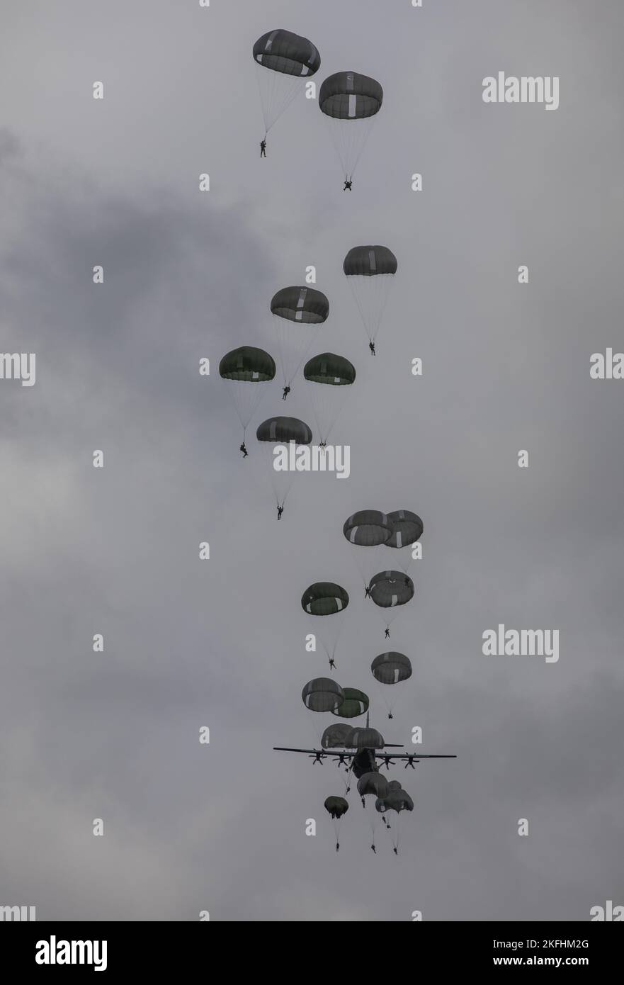 A group of U.S. Army and European Paratroopers descends onto the Drop ...