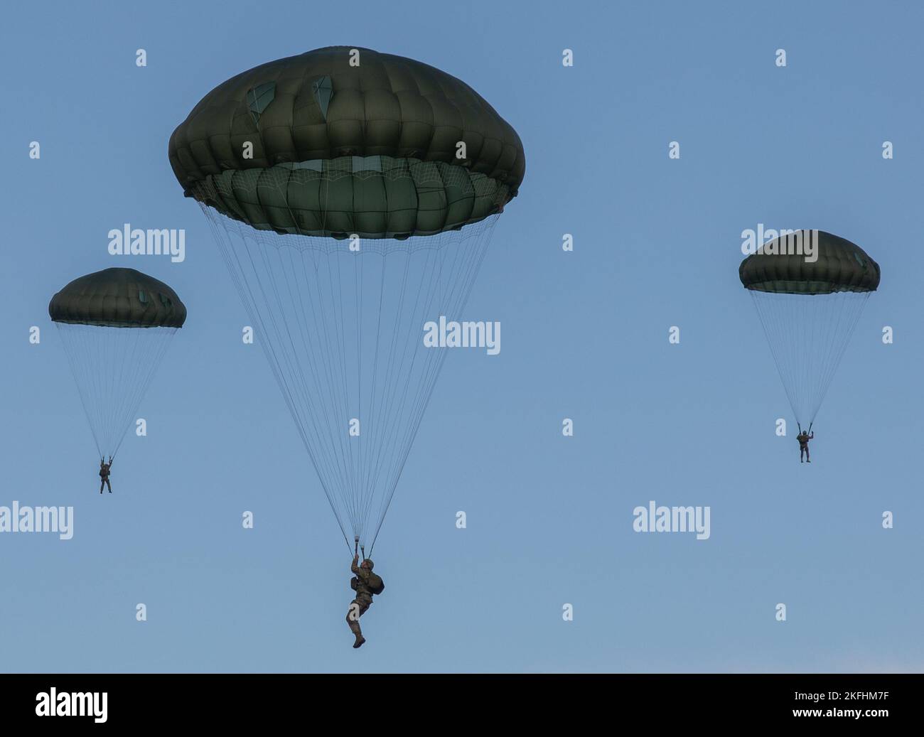 A group of U.S. Army and European Paratroopers descends onto the Drop ...