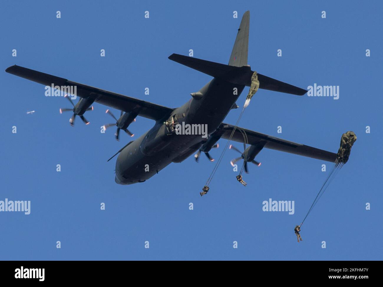 A group of U.S. Army and European Paratroopers descends onto the Drop ...
