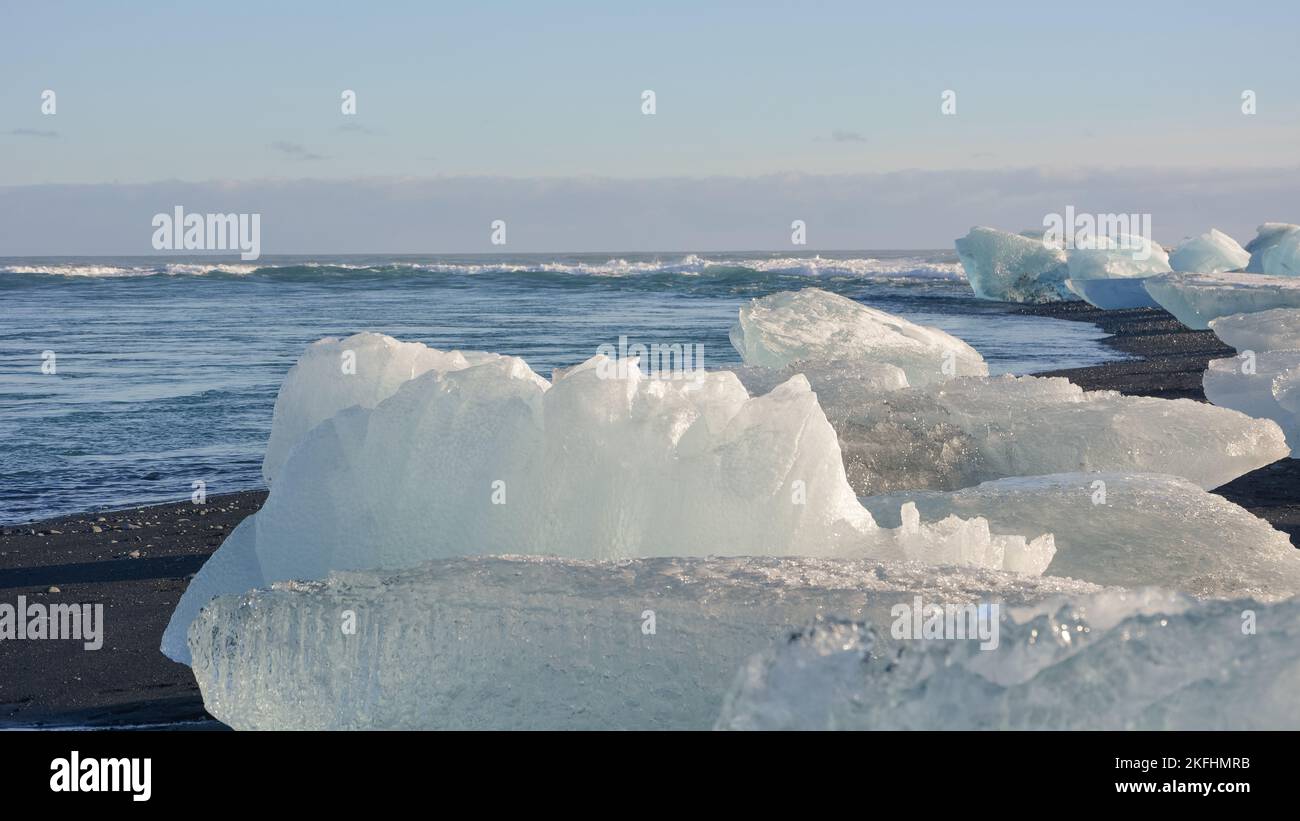 Ice diamond beach Iceland. Gigantic Ice blocks structures on the black ...