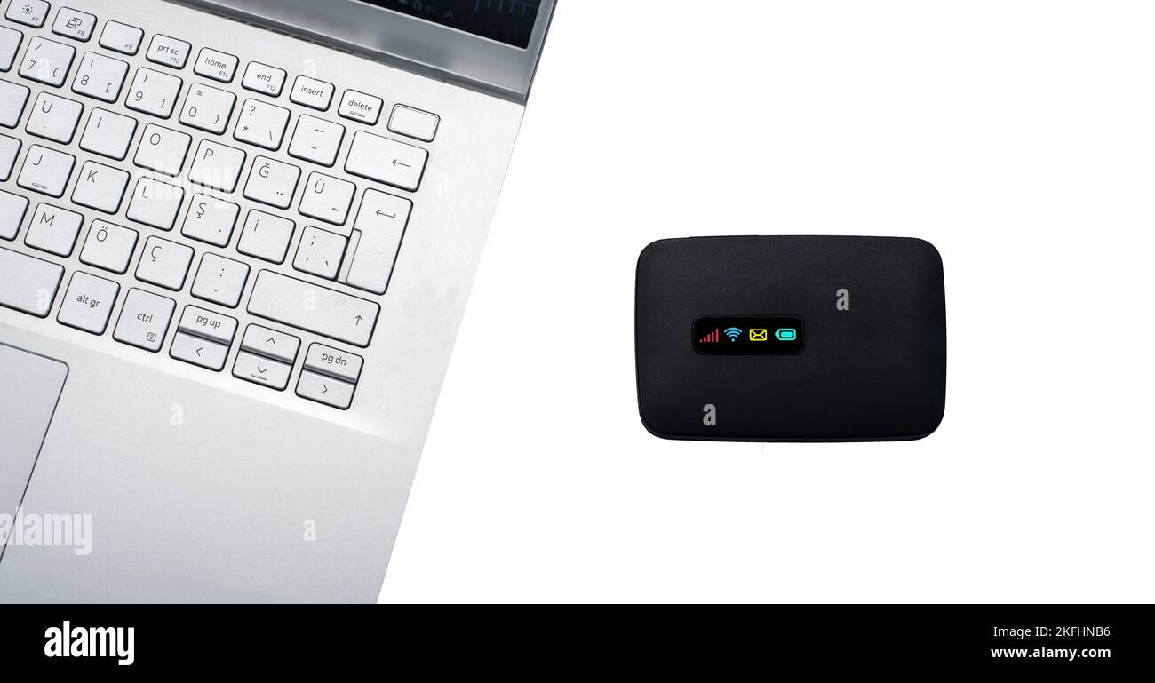 Top view portable pocket internet wifi modem.Close up pocket modem ...