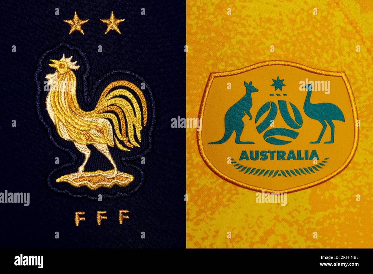 Close up of National Football team crest on home kit. FIFA World Cup ...