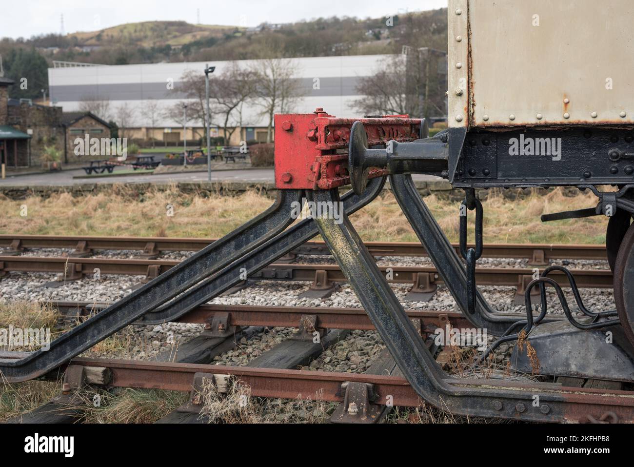Train buffers on an old railway carriage on the train track at East ...