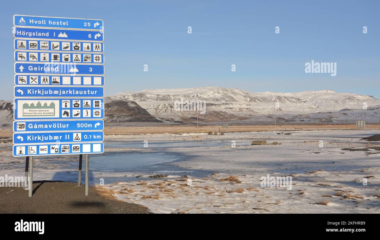 Large road sign giving directions in Iceland Stock Photo - Alamy