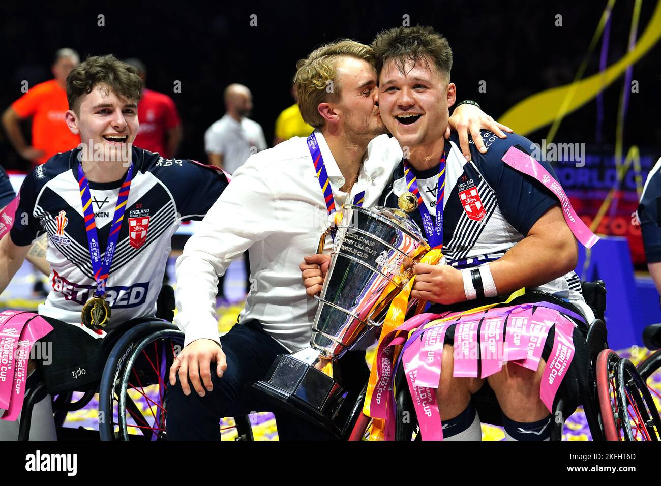 England head coach Tom Coyd (centre) and Tom Halliwell celebrate with ...