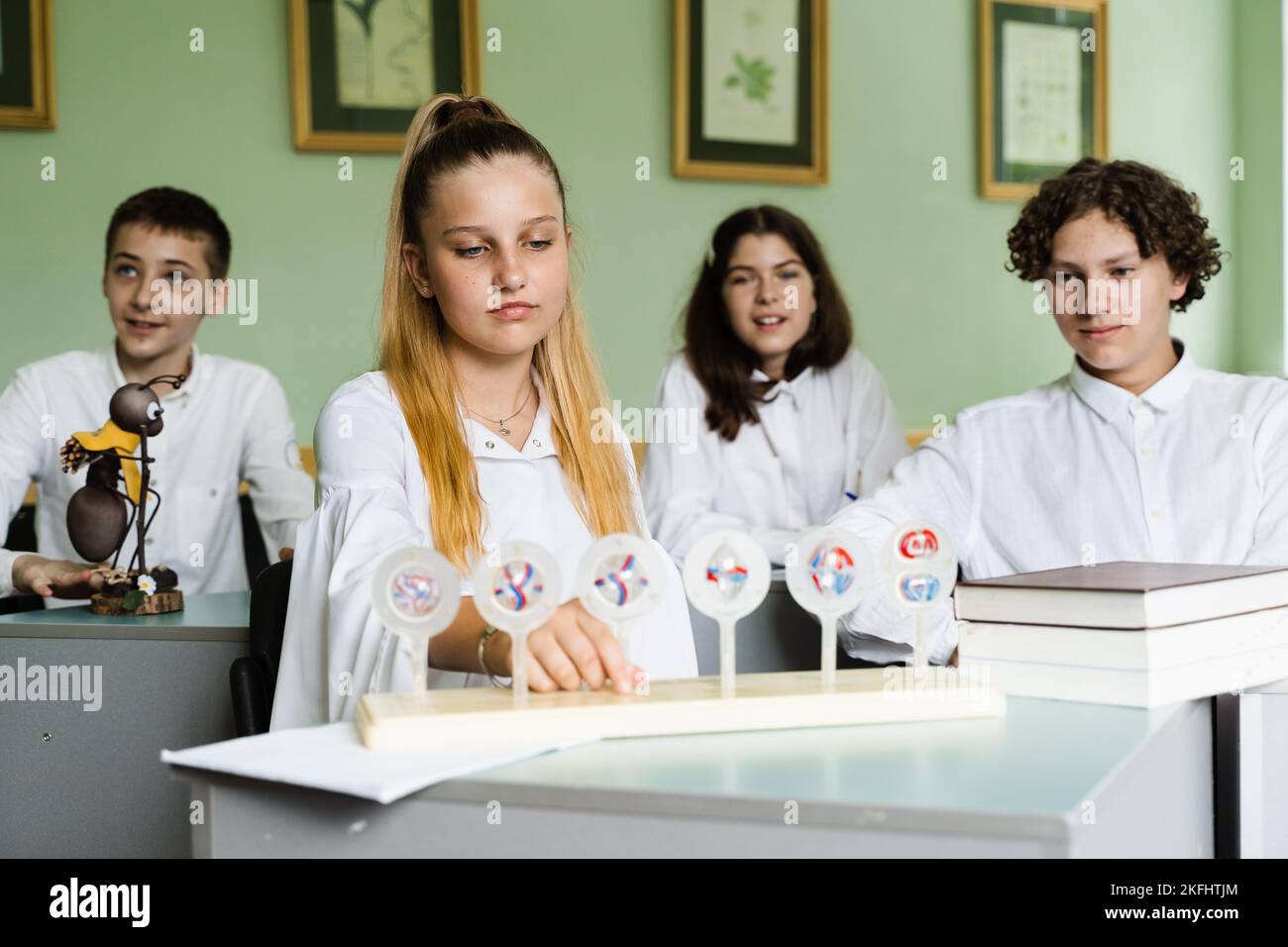 Pupils at biology lesson at school with animal cell models on the table ...