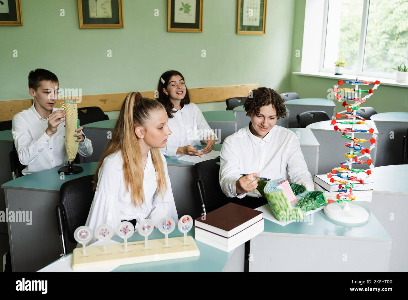 Pupils communicating and discussing in team at biology lesson at school with DNA and animal cell ...