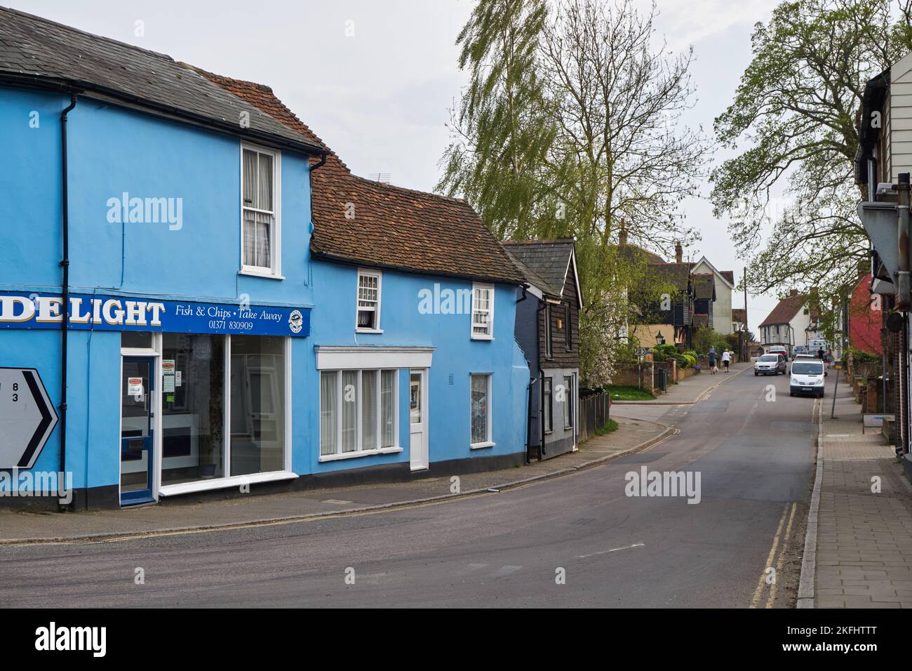 Street in the historic town of Thaxted with a traditional fish and ...