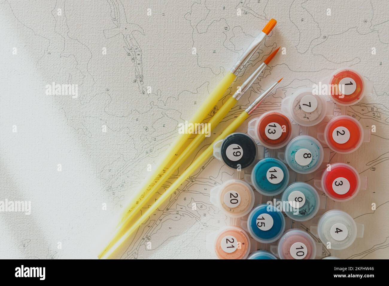 A set of colorful gouache for painting by numbers, pastel colors ...