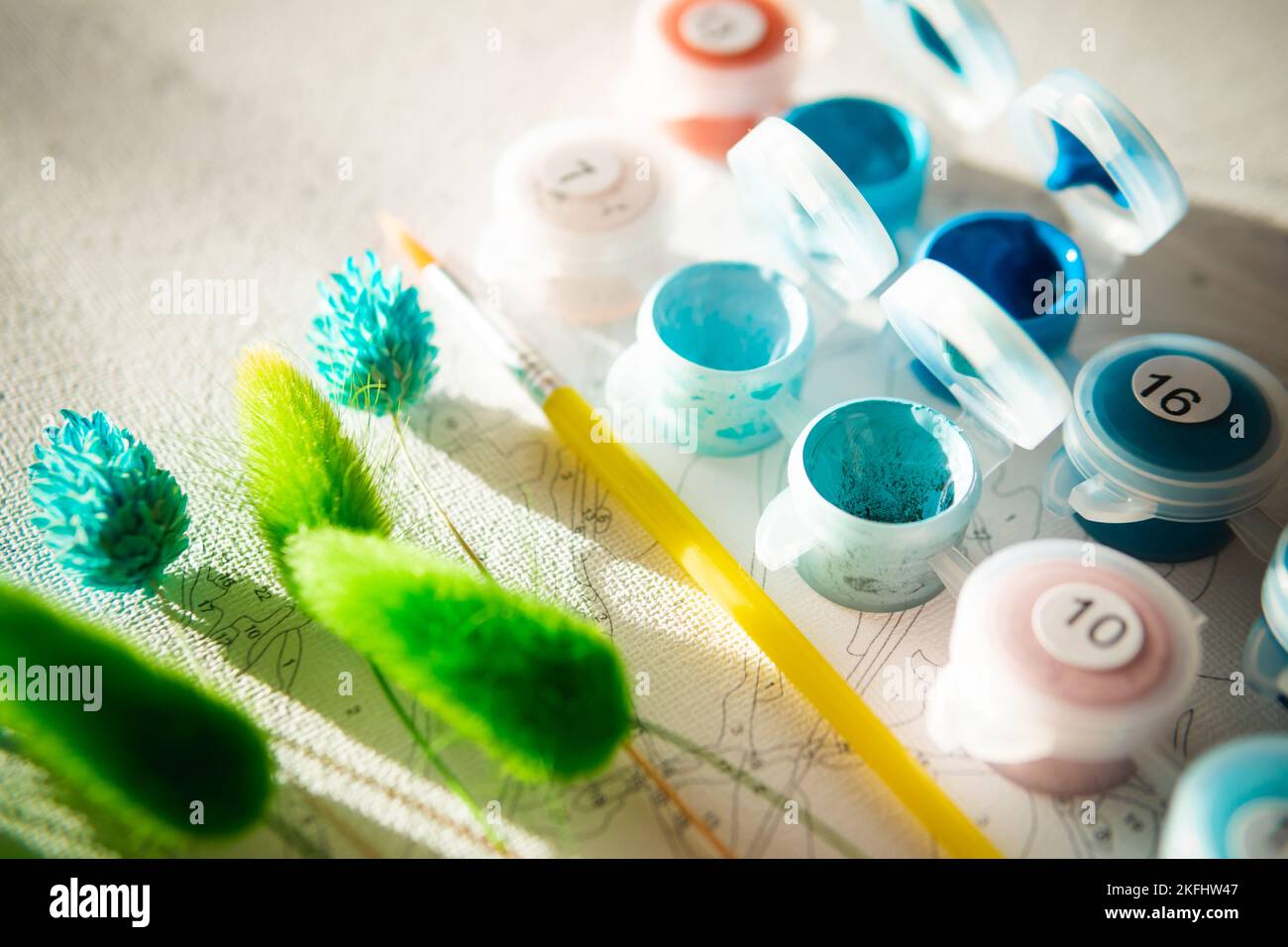 A set of colorful gouache for painting by numbers, pastel colors ...