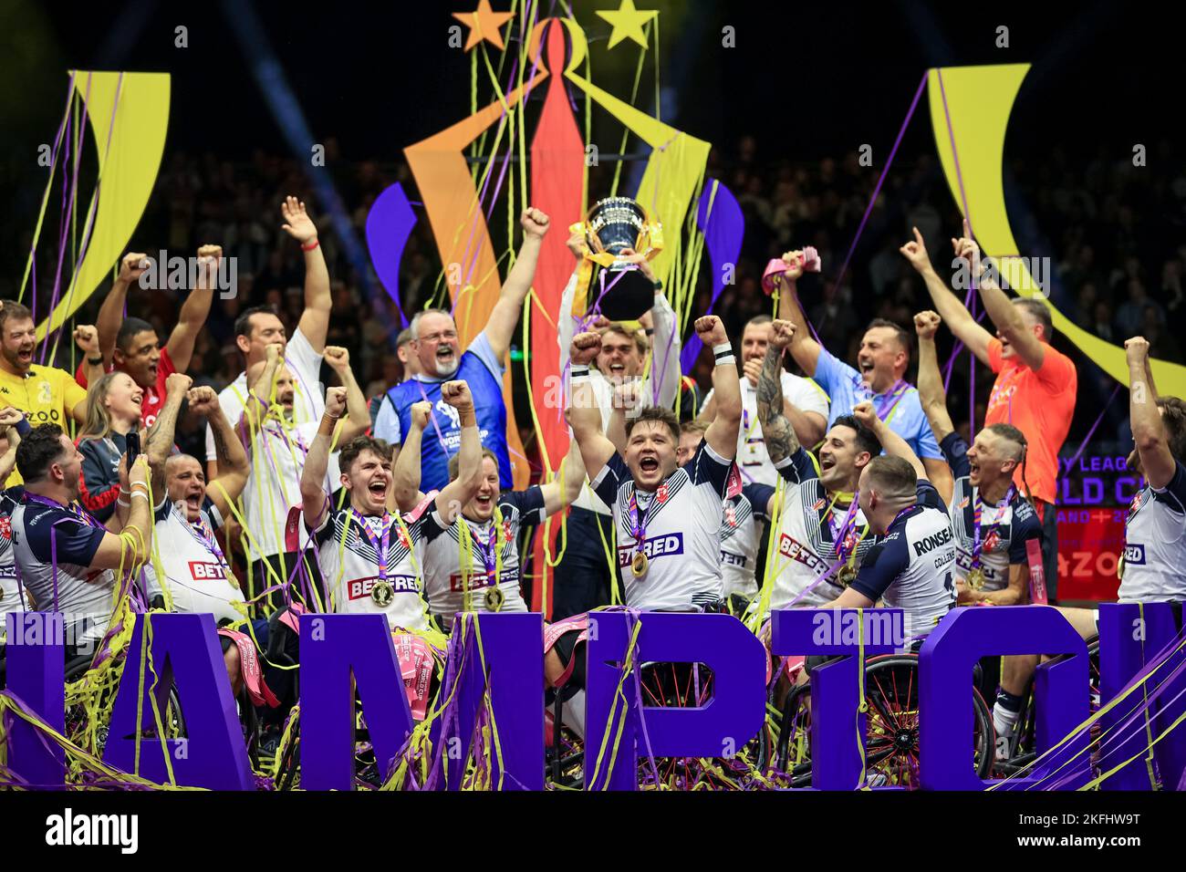 Manchester, UK. 18th Nov, 2022. Head Coach Tom Coyd lifts the The ...