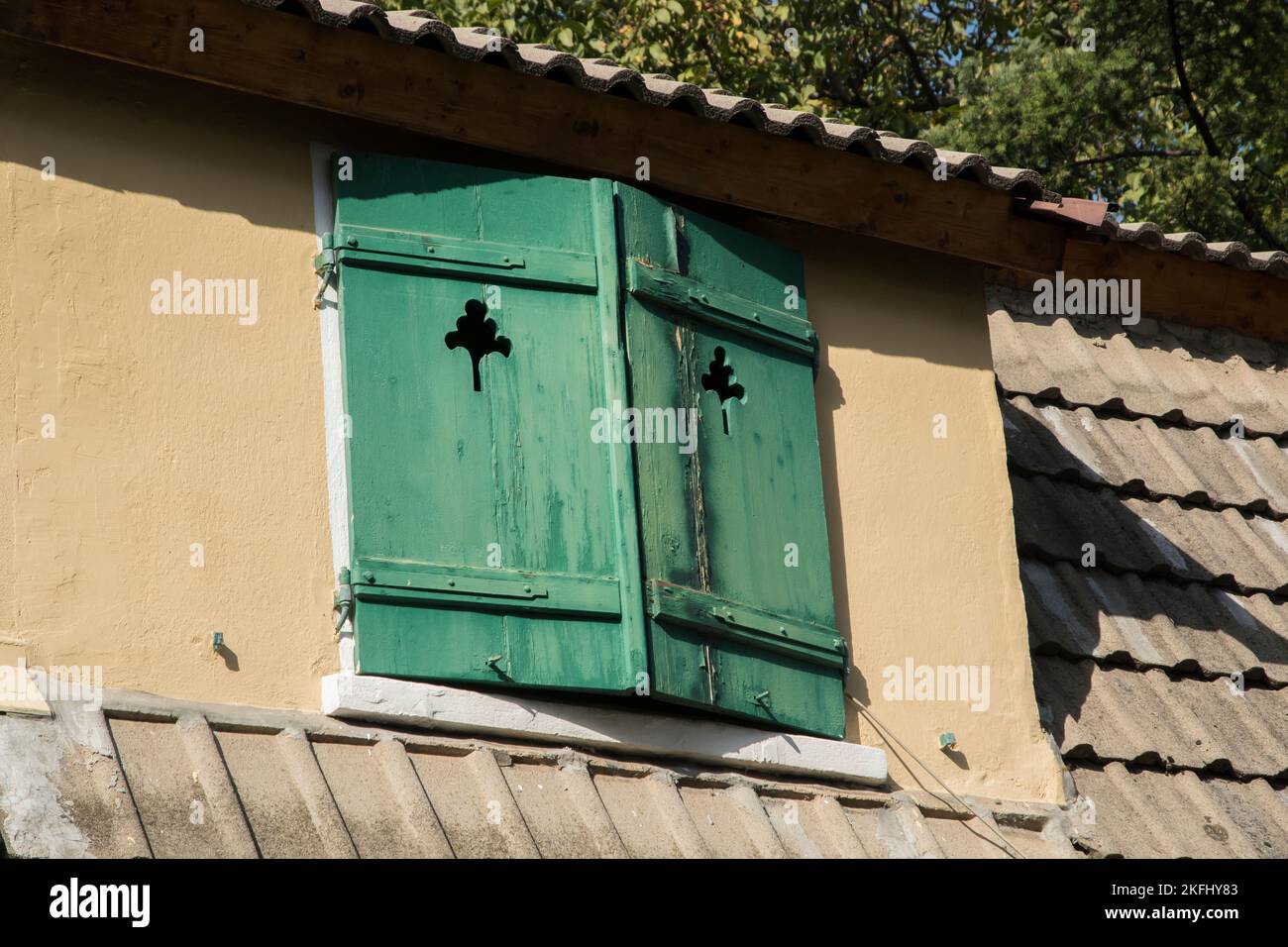 Detail of old vintage house with wooden window shutters Stock Photo - Alamy