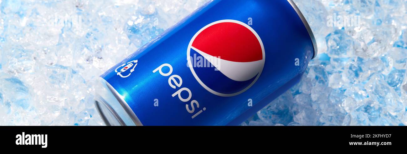 Kyiv, Ukraine - November 13, 2021. Pepsi can in crushed ice. Soft drink ...