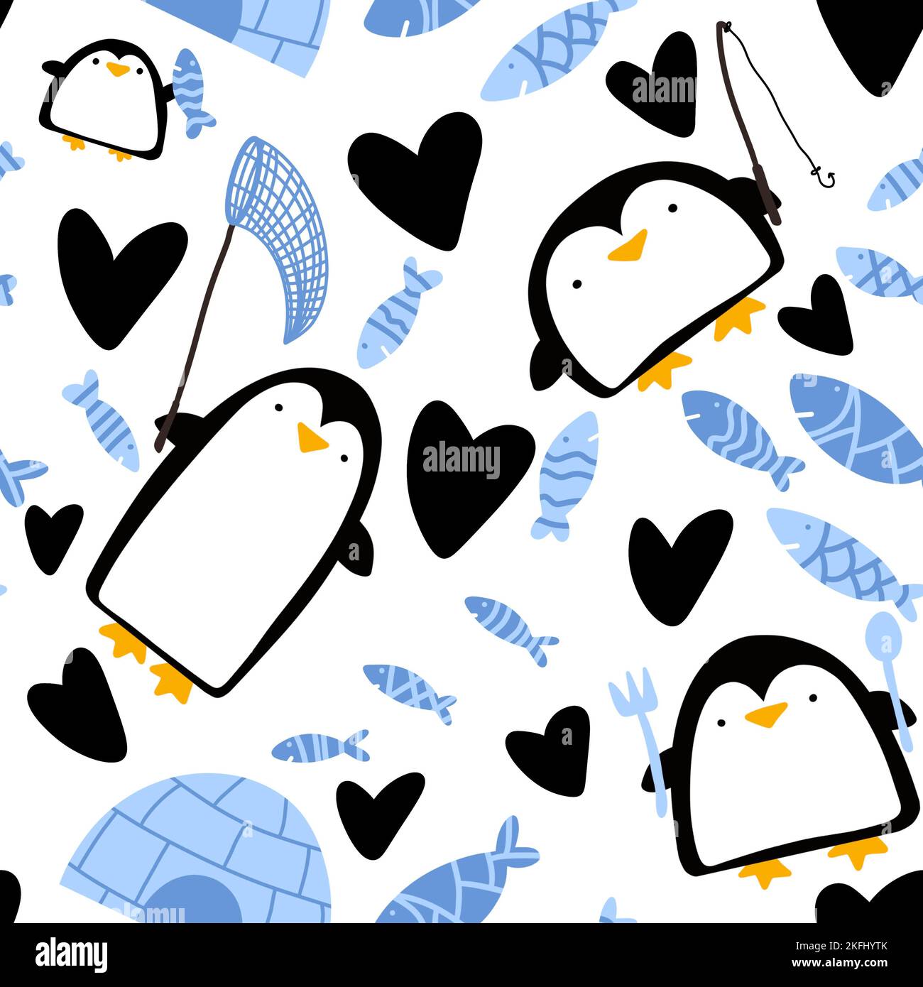 Winter animals seamless penguin cartoon kawaii Christmas fish pattern ...