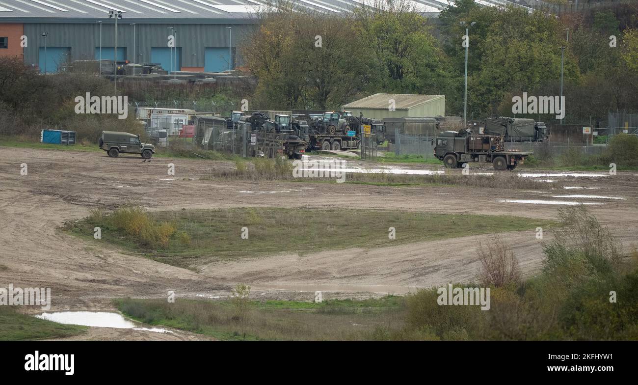 convoy of British army Heavy Utility Trucks returning to a base Stock ...