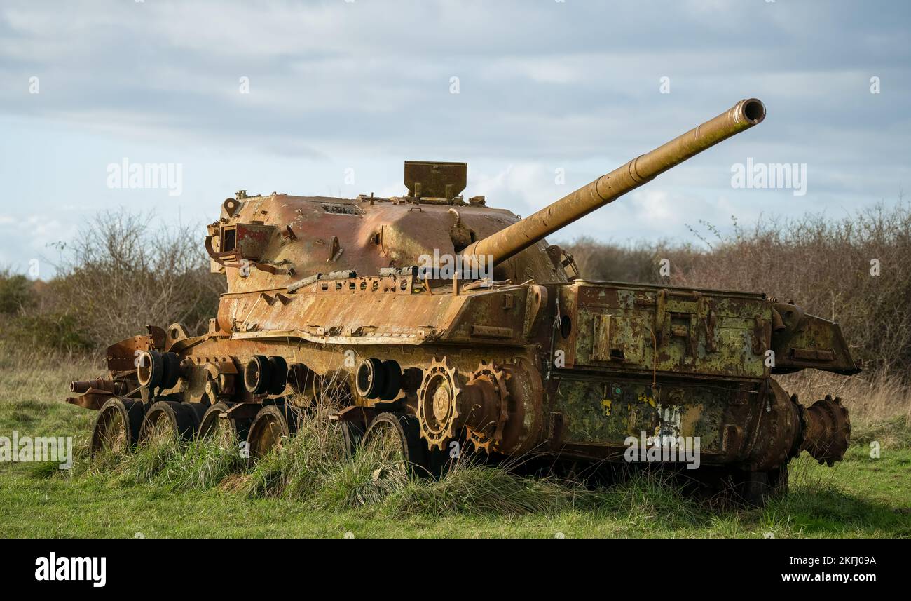 an abandoned rusting British FV4201 Chieftain main battle tank wreck in ...