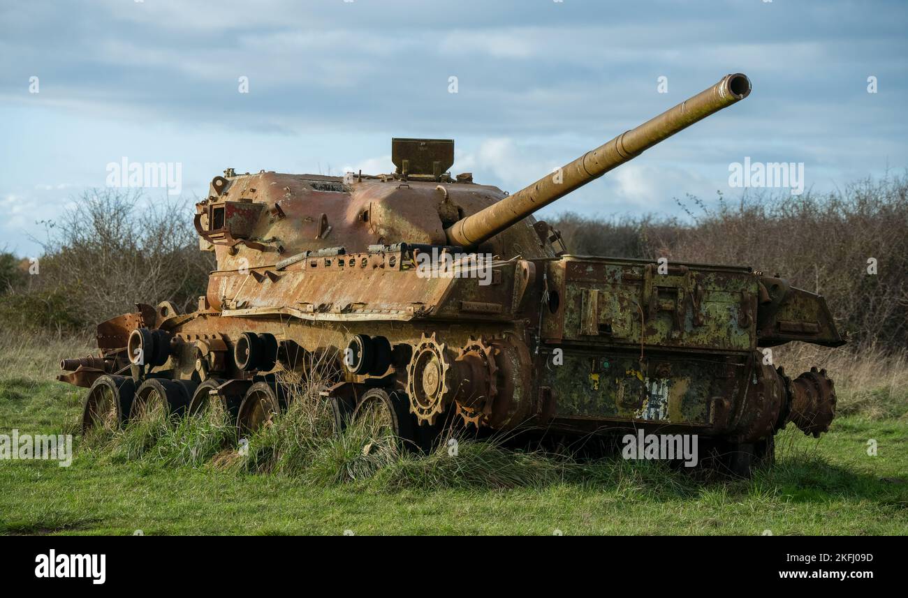 an abandoned rusting British FV4201 Chieftain main battle tank wreck in ...