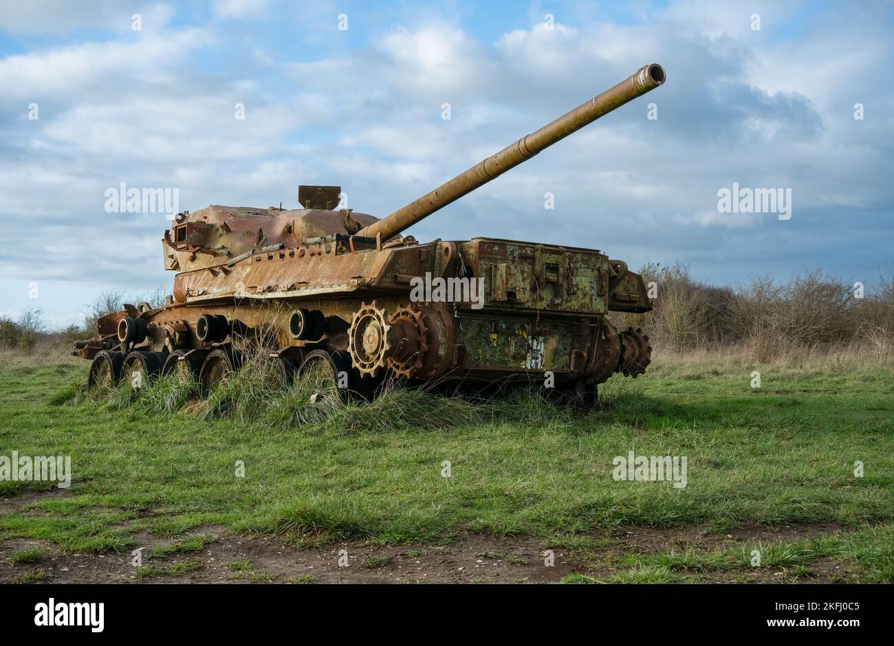 an abandoned rusting British FV4201 Chieftain main battle tank wreck in ...