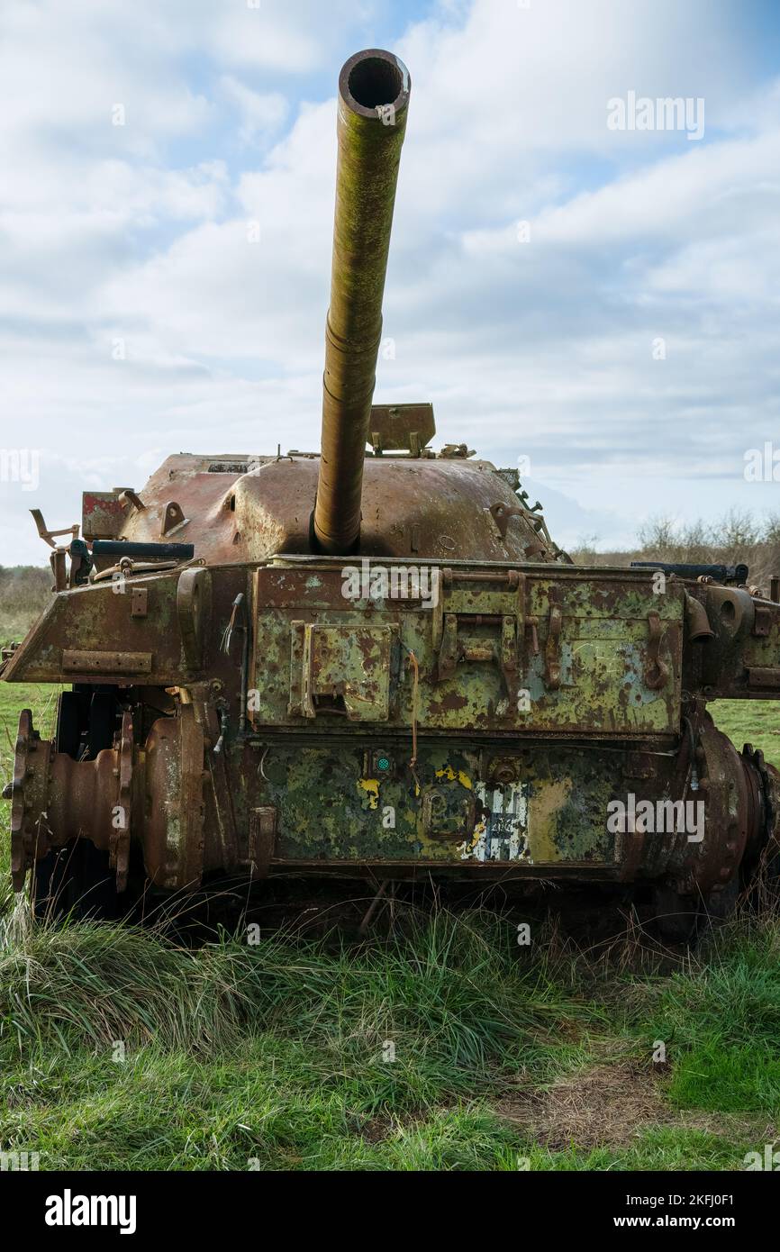 an abandoned rusting British FV4201 Chieftain main battle tank wreck in ...