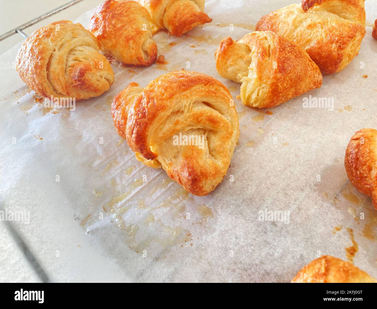 High angle close-up of freshly baked delicious stuffed croissants on ...