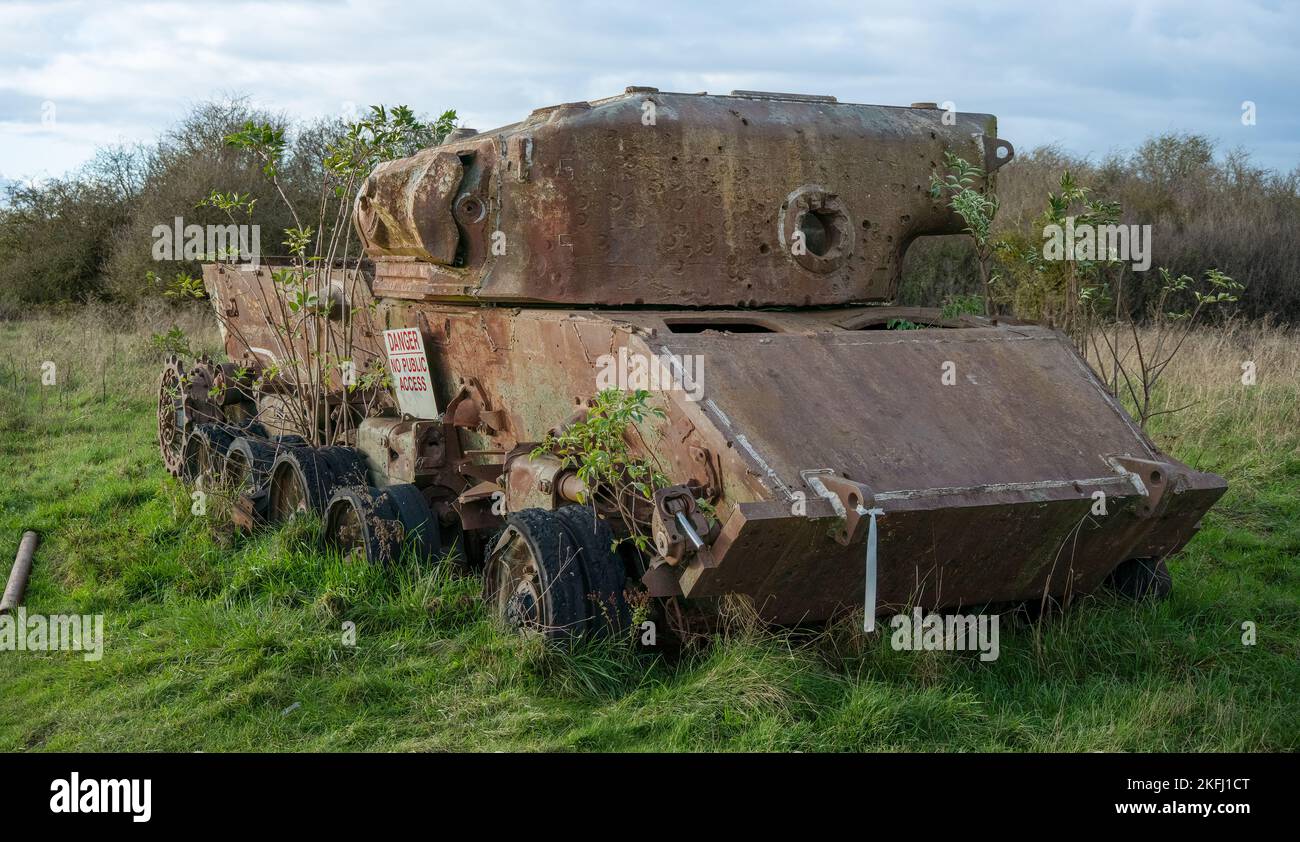 rust covered carcass of an abandoned wrecked rusting British Centurion ...