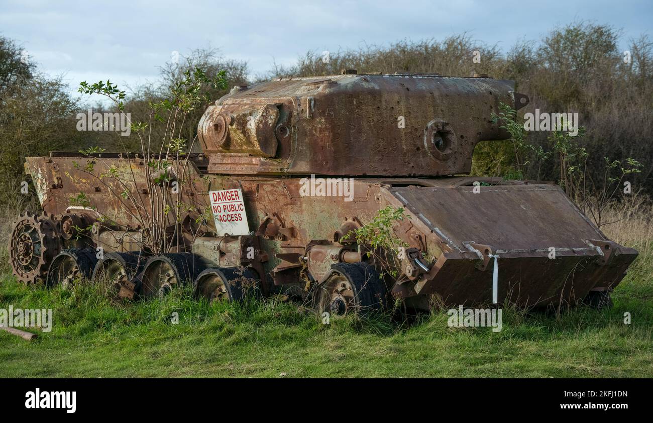 rust covered carcass of an abandoned wrecked rusting British Centurion ...