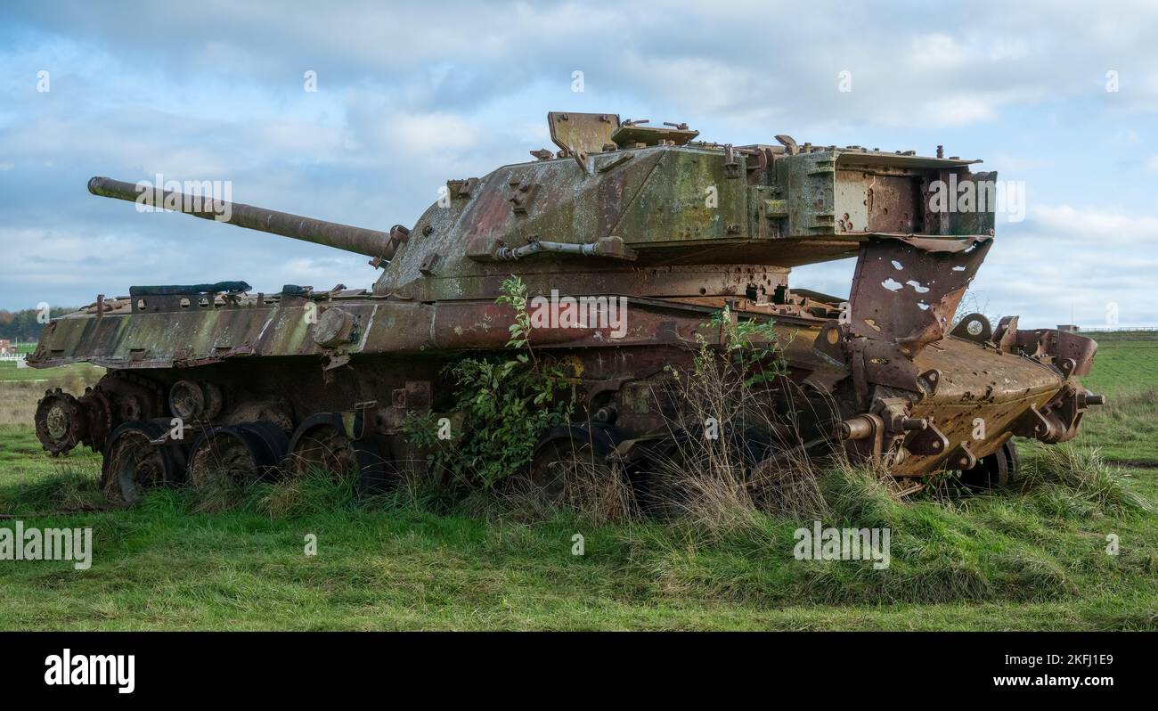 an abandoned rusting British FV4201 Chieftain main battle tank wreck in ...