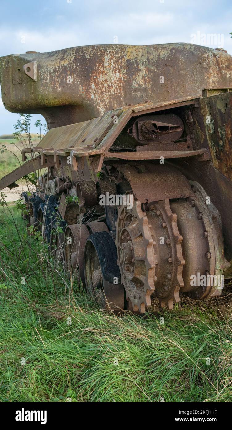 rust covered carcass of an abandoned wrecked rusting British Centurion ...