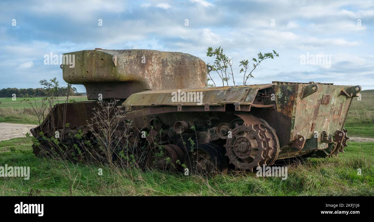 rust covered carcass of an abandoned wrecked rusting British Centurion ...