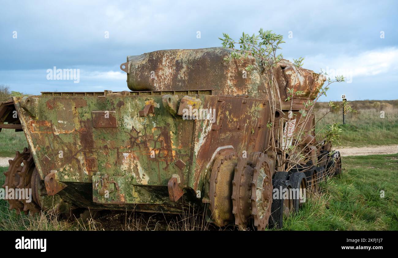rust covered carcass of an abandoned wrecked rusting British Centurion ...