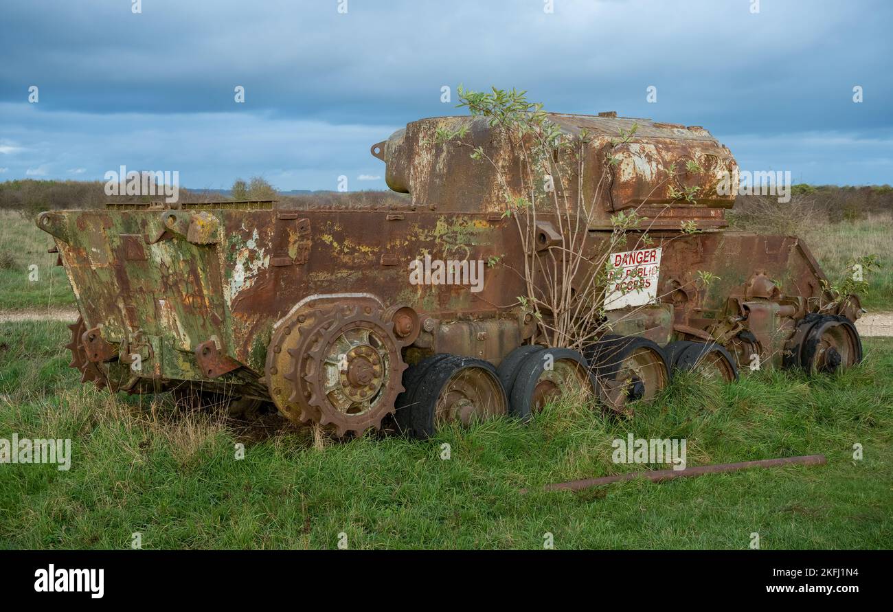 rust covered carcass of an abandoned wrecked rusting British Centurion ...