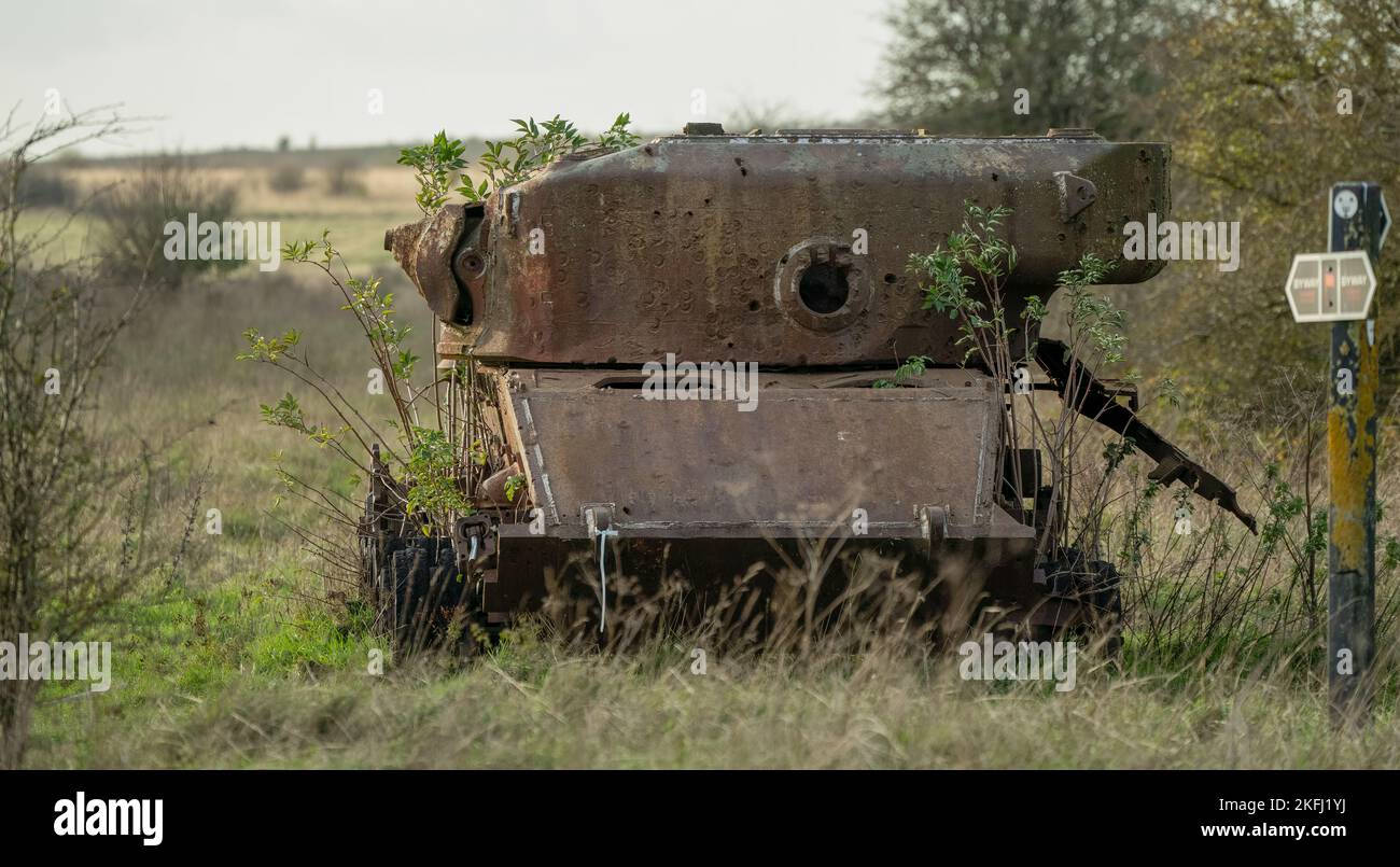 rust covered carcass of an abandoned wrecked rusting British Centurion ...