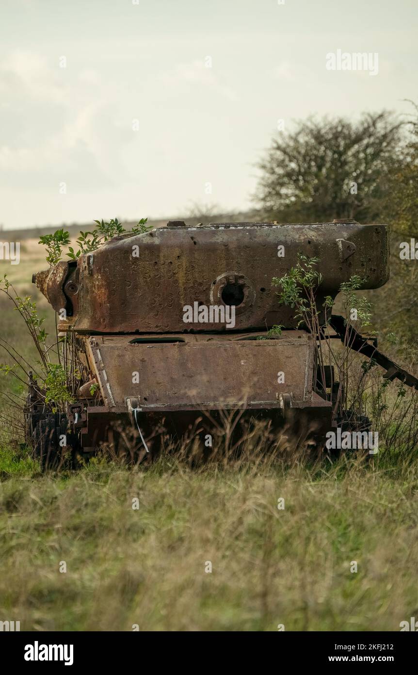 rust covered carcass of an abandoned wrecked rusting British Centurion ...