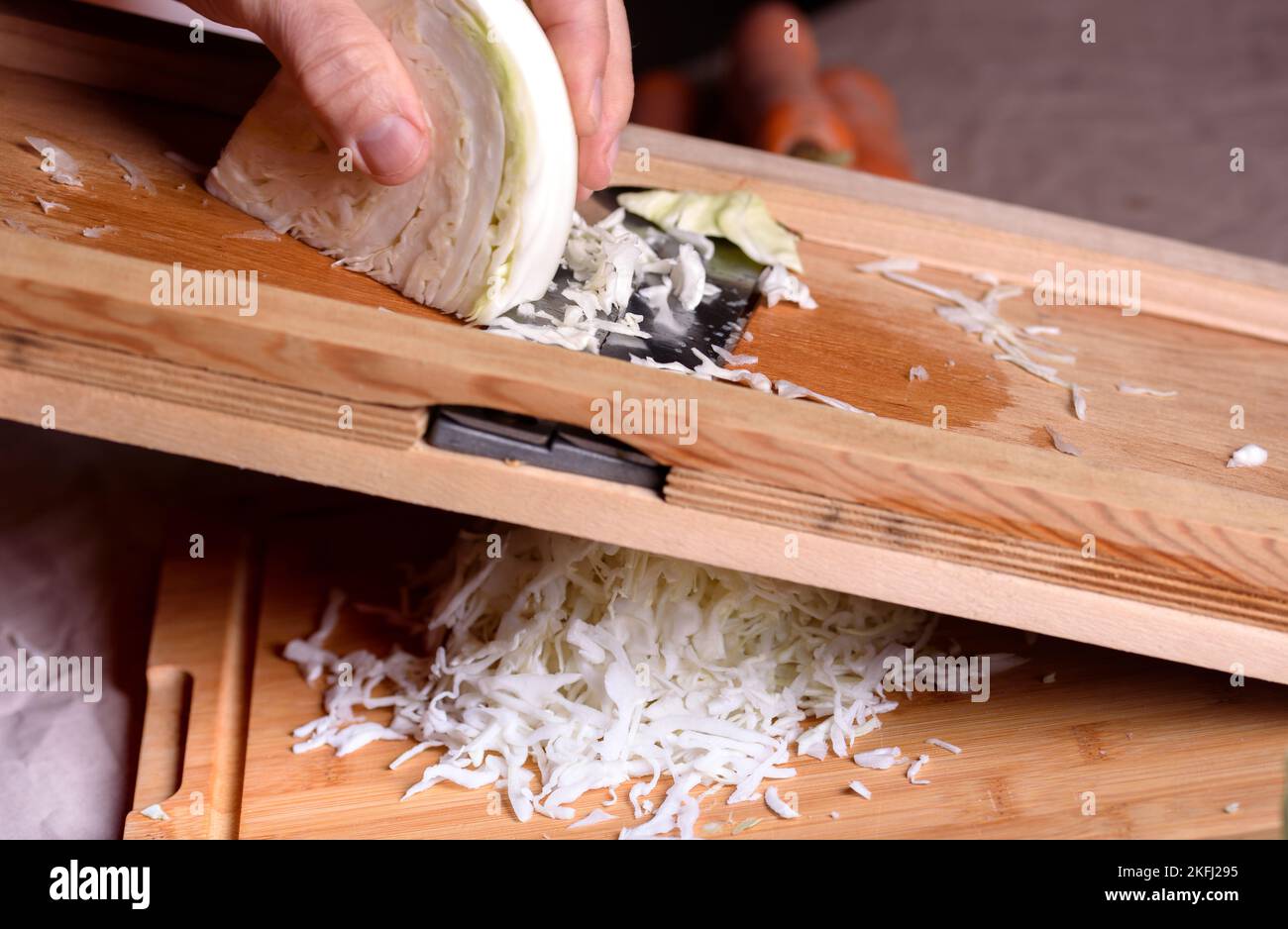 Prepare cabbage for fermentation. Cutting of cabbage on cutter ...
