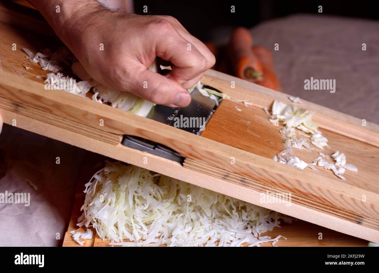 Prepare cabbage for fermentation. Cutting of cabbage on cutter ...