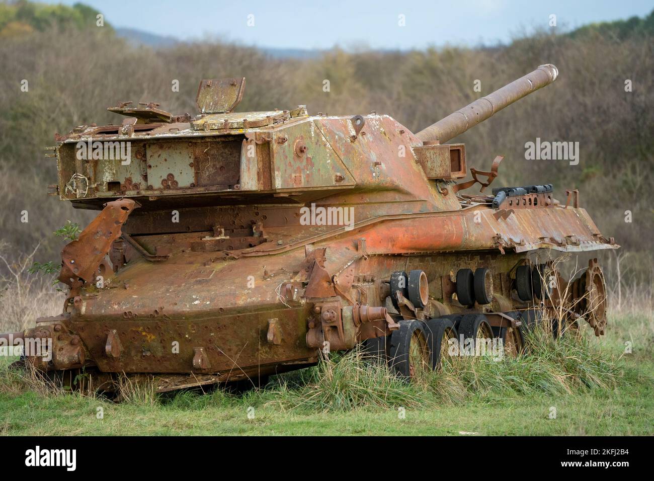 an abandoned rusting British FV4201 Chieftain main battle tank wreck in ...