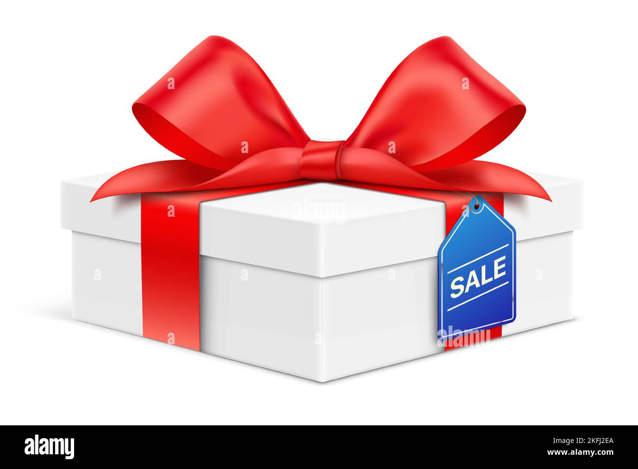 White gift box wrapped with red ribbon, and hanging tag with SALE text ...