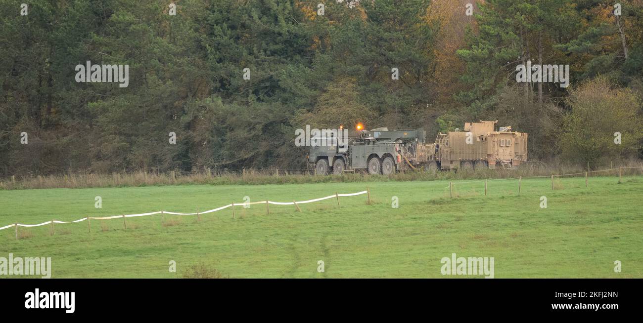 British army MAN SVR (Support Vehicle Recovery) 8x8 truck towing a ...