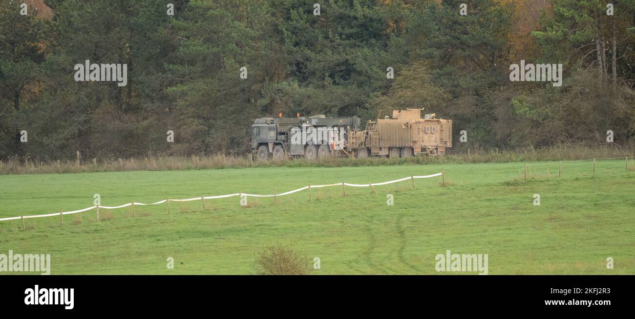 British army MAN SVR (Support Vehicle Recovery) 8x8 truck towing a ...