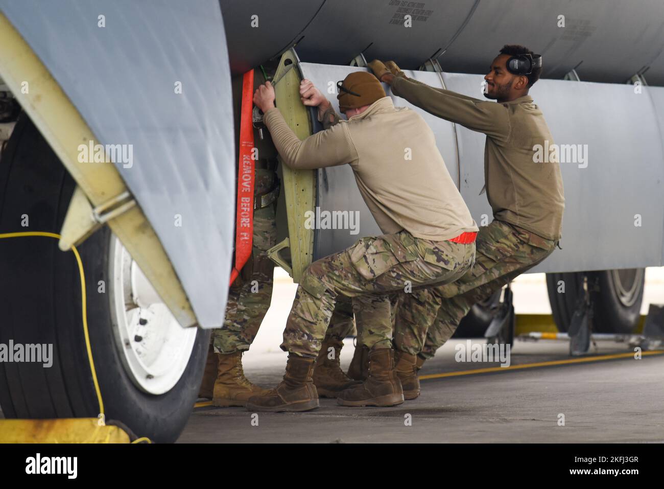 Maintenance Airmen with the 5th Bomb Wing prepare the bomb bay of a B ...